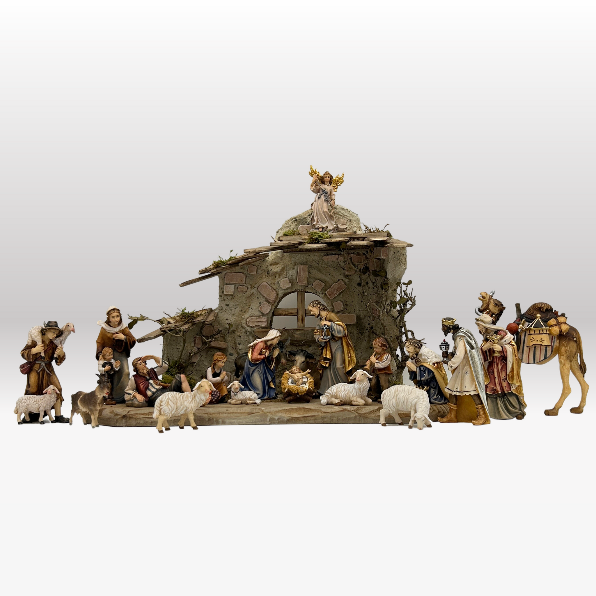 Nativity set with rustic stable (20 figures) - Kostner nativity