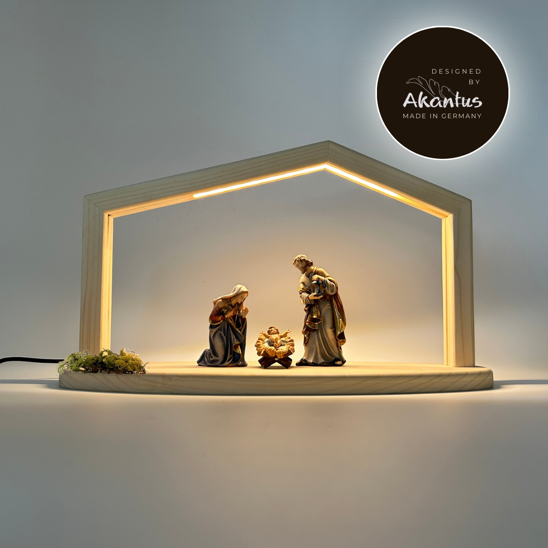 Hl. Familie (3 Figuren) von Kostner mit Stall "Akantus Design" natur