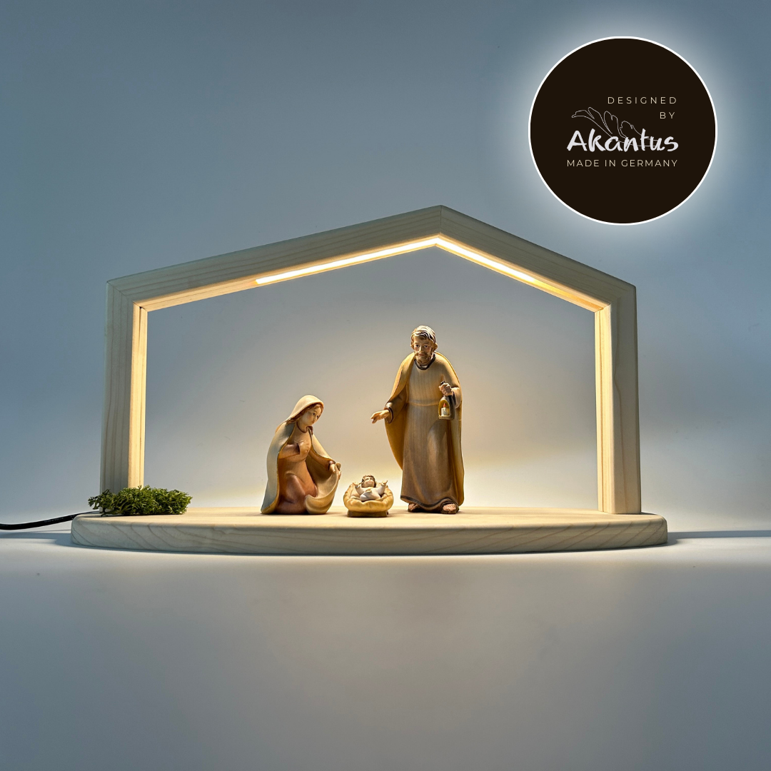 Holy Family set of 3 with stable „Akantus Design“ natural - Artis nati
