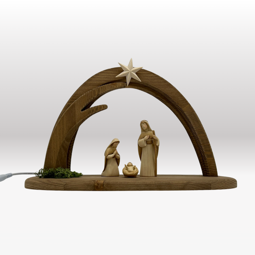 Holy Family set of 3 with modern stable painted - Akantus nativity