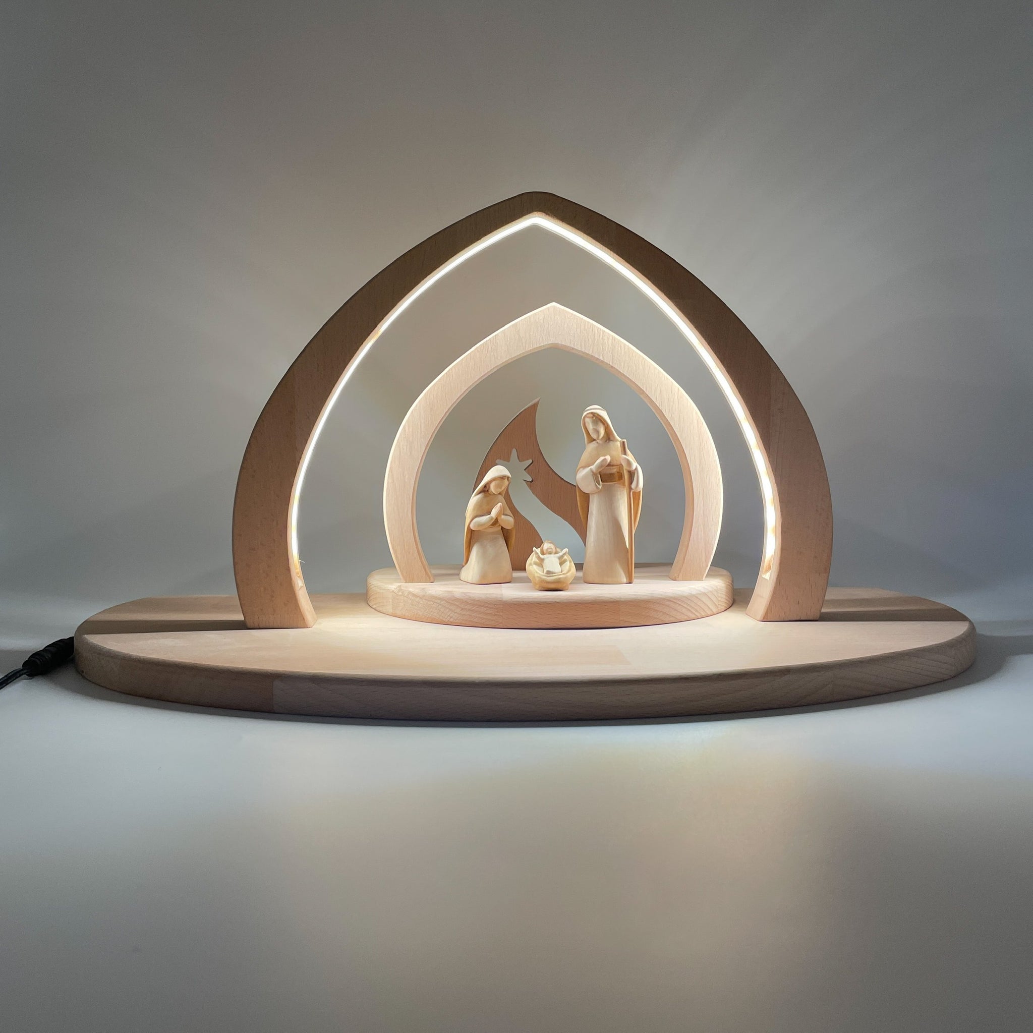 Holy Family Set of 3 with Modern Stable with Lighting - Akantus